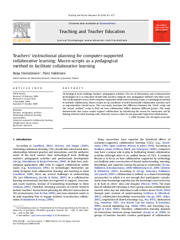 (PDF) Teachers' instructional planning for computer-supported collaborative learning: Macro ...