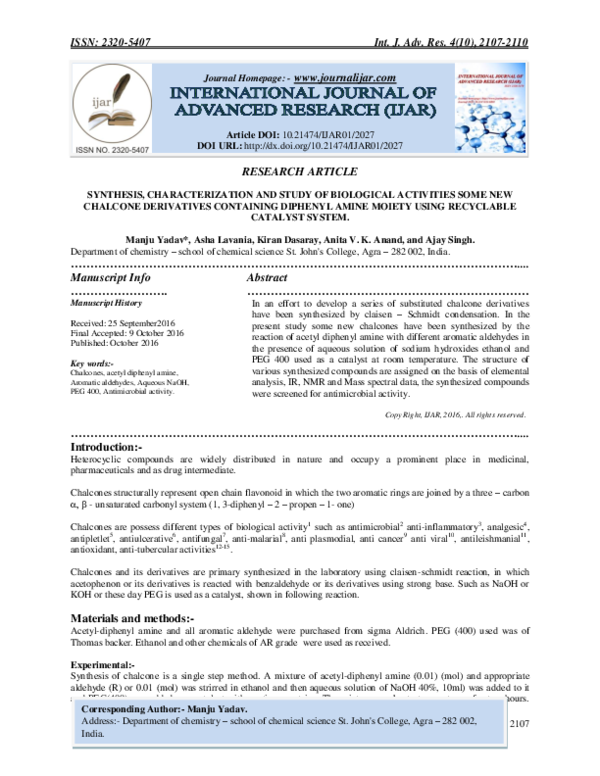 (PDF) SYNTHESIS, CHARACTERIZATION AND STUDY OF BIOLOGICAL ACTIVITIES SOME NEW CHALCONE ...