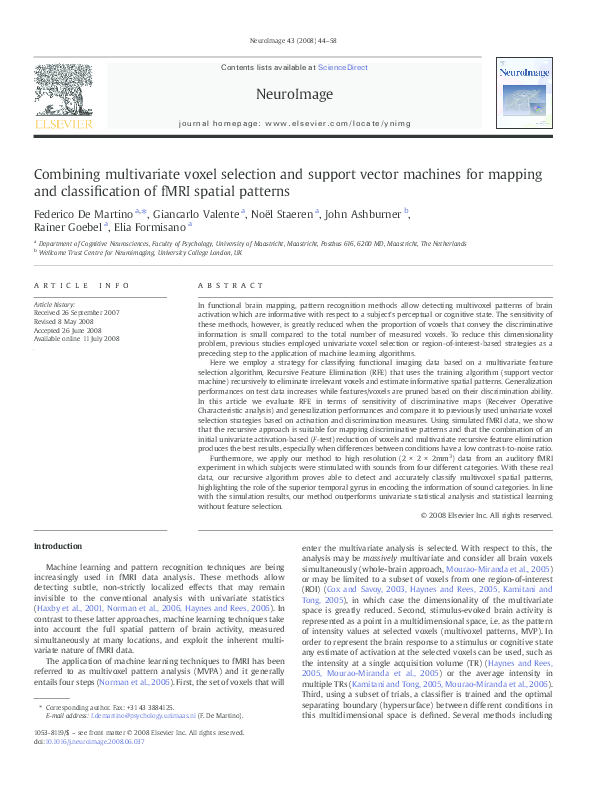 Pdf Combining Multivariate Voxel Selection And Support Vector