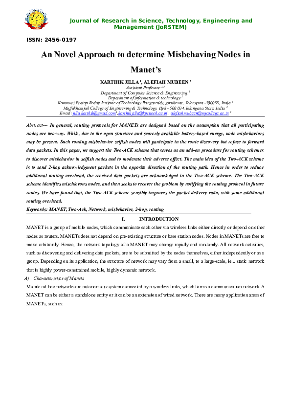 Doc An Novel Approach To Determine Misbehaving Nodes In Manets