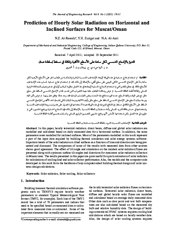(PDF) Prediction of Hourly Solar Radiation on Horizontal and Inclined Surfaces Using Daily ...