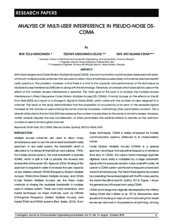 Pdf Analysis Of Multi User Interference In Pseudo Noise Ds Cdma