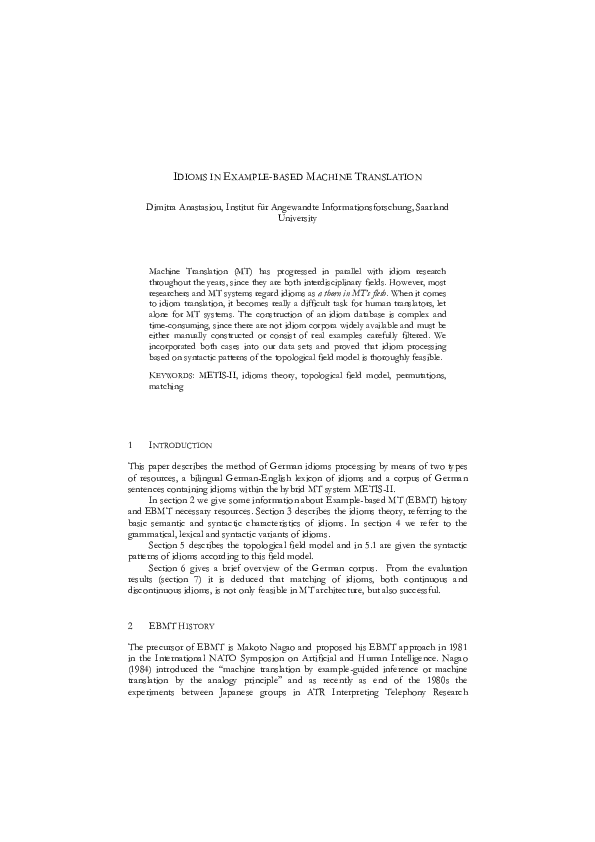 (PDF) Idioms in example-based machine translation