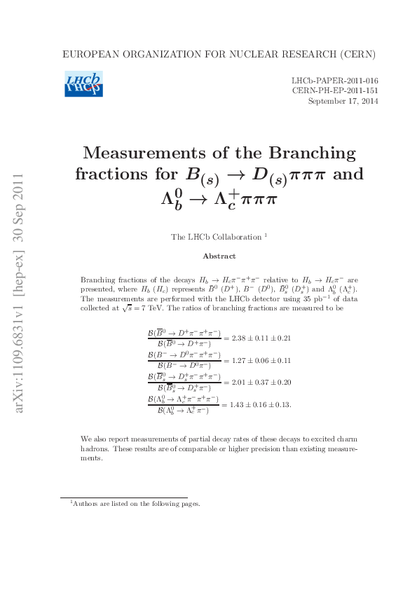 (PDF) Measurements of the Branching fractions for $B_(s) -> D_(s)πππ$ and $Λ_b^0 -> Λ_c^+πππ$