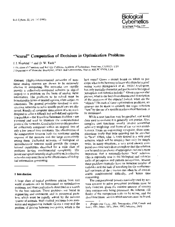 Pdf Neural” Computation Of Decisions In Optimization Problems
