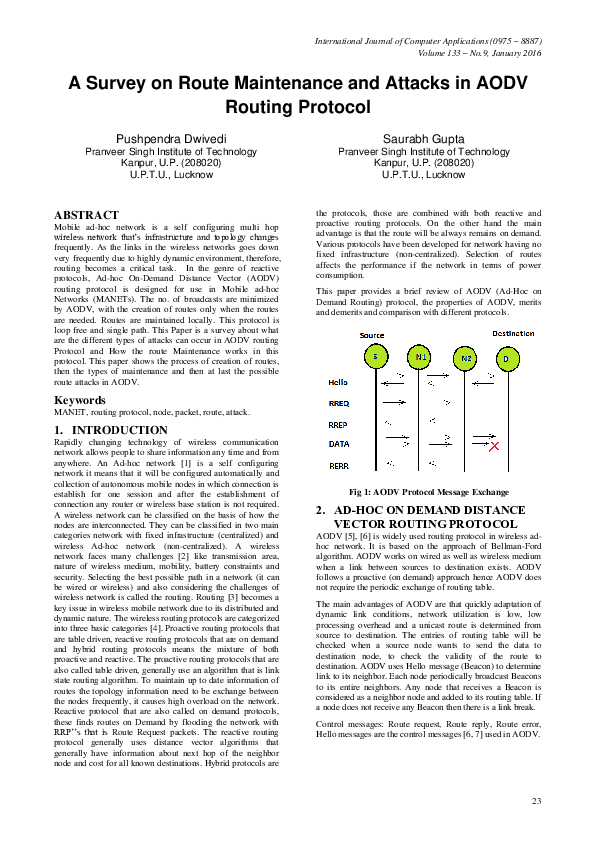 (PDF) A Survey on Route Maintenance and Attacks in AODV Routing Protocol