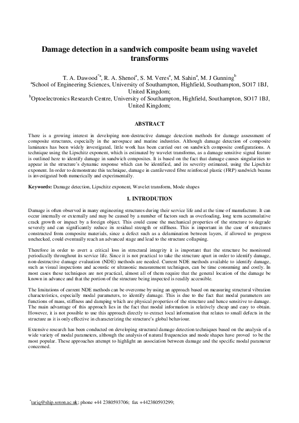 (PDF) Damage detection in a sandwich composite beam using wavelet transforms