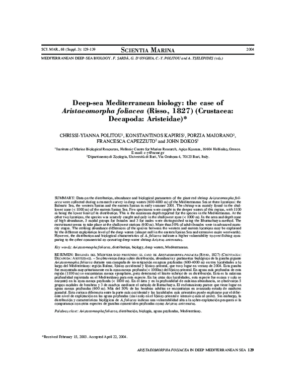 (PDF) Deep-sea Mediterranean biology: the case of Aristaeomorpha ...