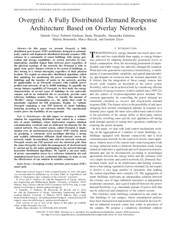 Pdf Overgrid A Fully Distributed Demand Response Architecture Based On Overlay Networks
