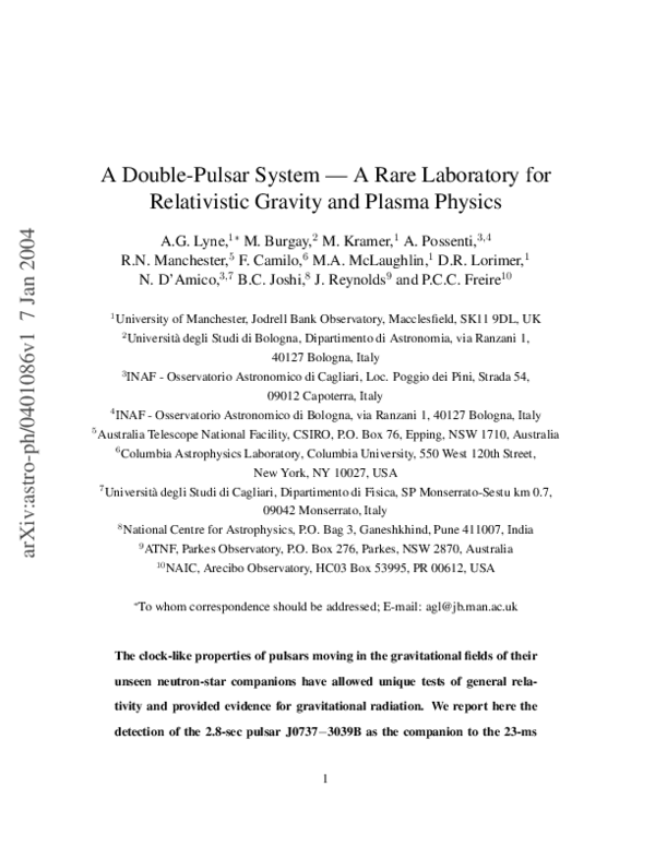 (PDF) A Double-Pulsar System: A Rare Laboratory for Relativistic ...