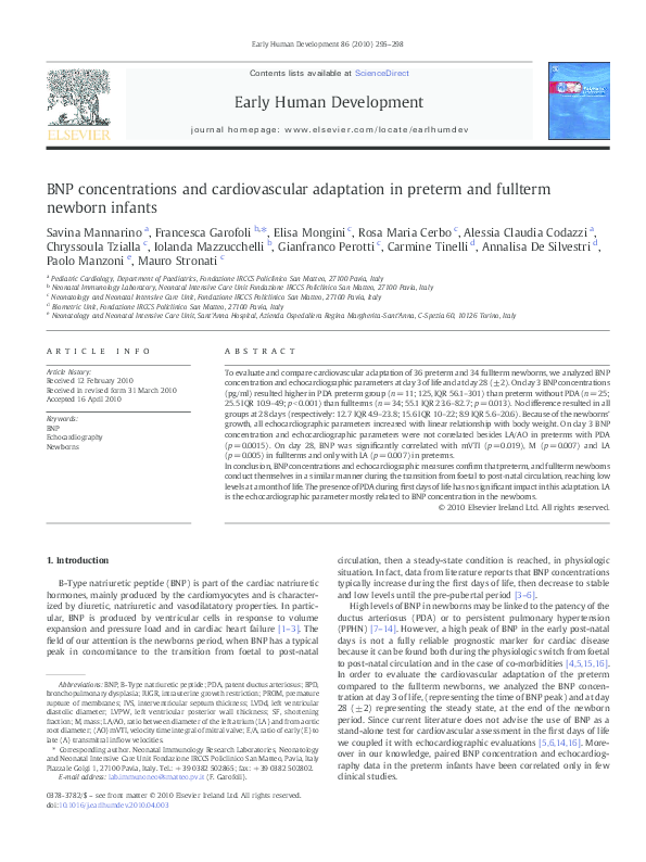 (PDF) BNP concentrations and cardiovascular adaptation in preterm and ...