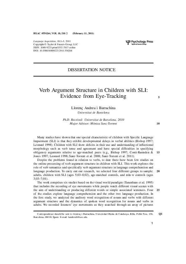 (PDF) Verb Argument Structure in Children with SLI: Evidence from Eye-Tracking