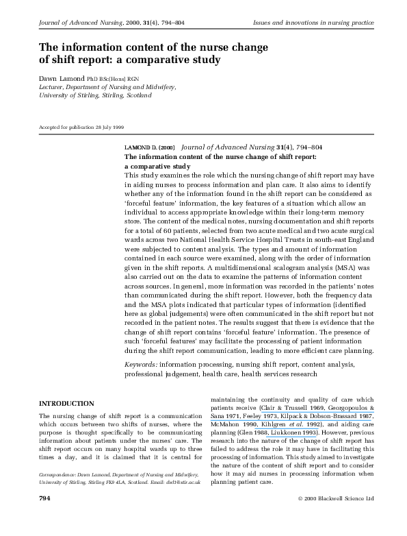 (PDF) The information content of the nurse change of shift report: a ...