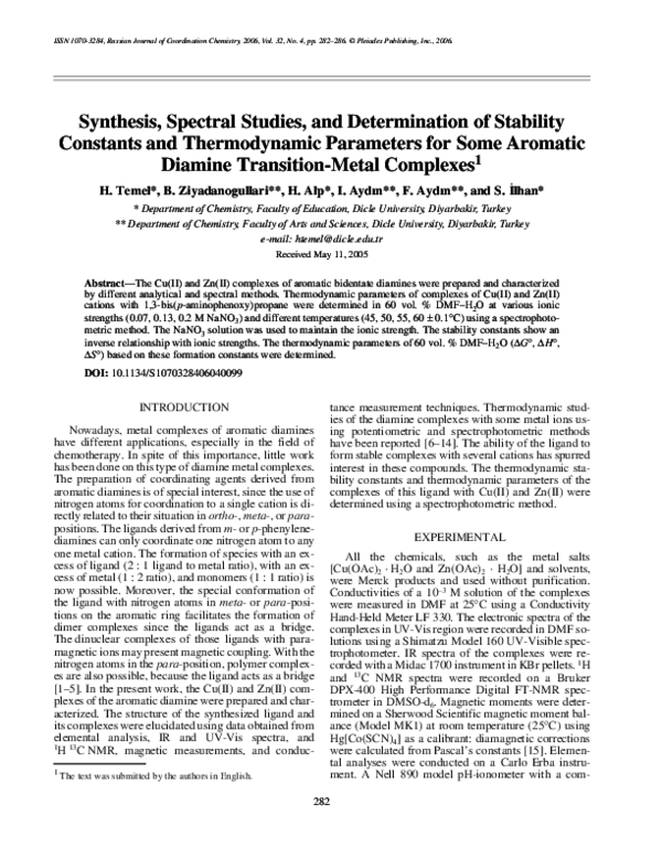 (PDF) Synthesis, spectral studies, and determination of stability constants and thermodynamic ...