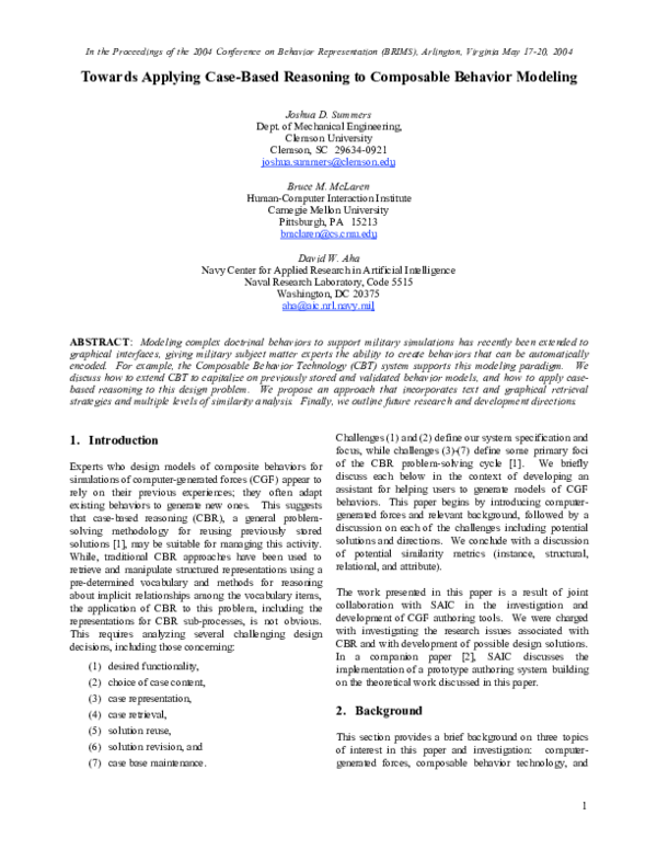 Pdf Towards Applying Case Based Reasoning To Composable Behavior Modeling