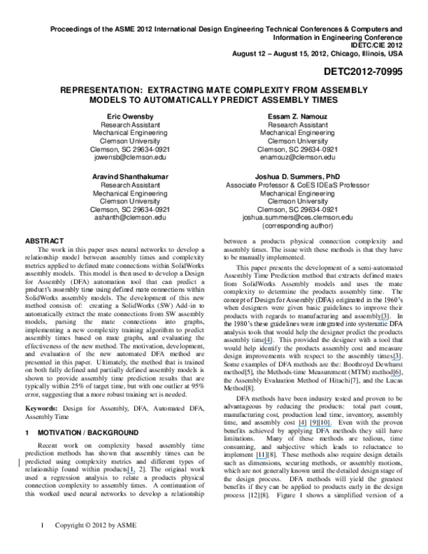 Pdf Representation Extracting Mate Complexity From Assembly Models