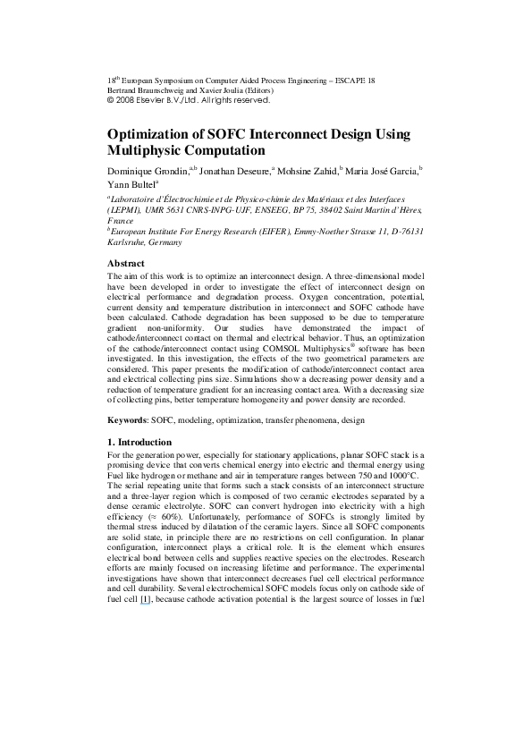 (PDF) Optimization of SOFC interconnect design using Multiphysic computation
