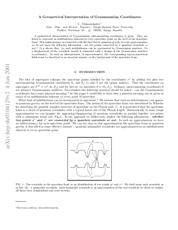 (PDF) A Geometrical Interpretation of Grassmannian Coordinates