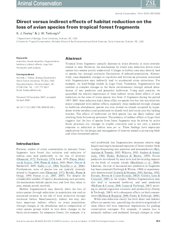 (PDF) Direct versus indirect effects of habitat reduction on the loss ...