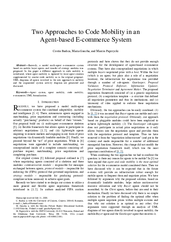 (PDF) Two Approaches to Code Mobility in an Agent-based E-commerce System