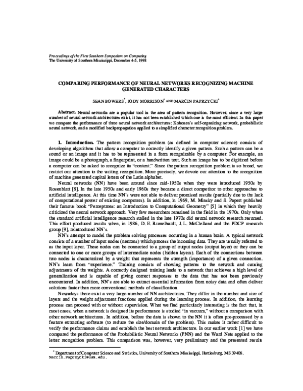 Pdf Comparing Performance Of Neural Networks Recognizing Machine Generated Characters