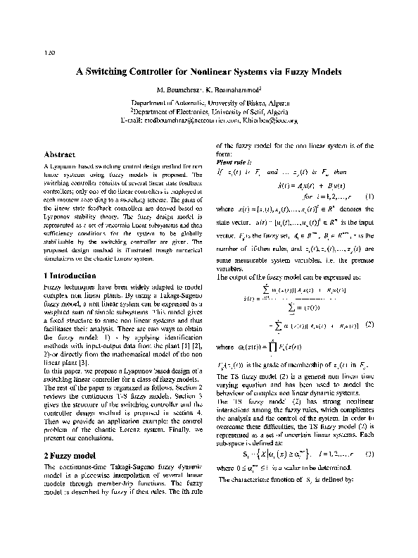 Pdf A Switching Controller For Nonlinear Systems Via Fuzzy Models