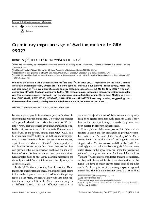 (PDF) Cosmic-ray exposure age of Martian meteorite GRV 99027