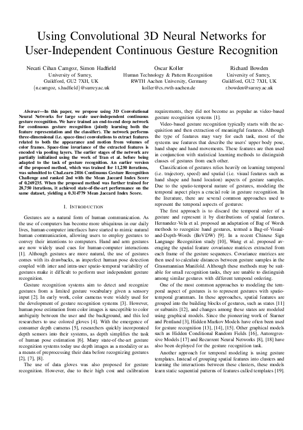 (PDF) Using Convolutional 3D Neural Networks for User-Independent Continuous Gesture Recognition