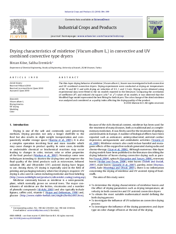 (PDF) Drying characteristics of mistletoe ( Viscum album L.) in ...