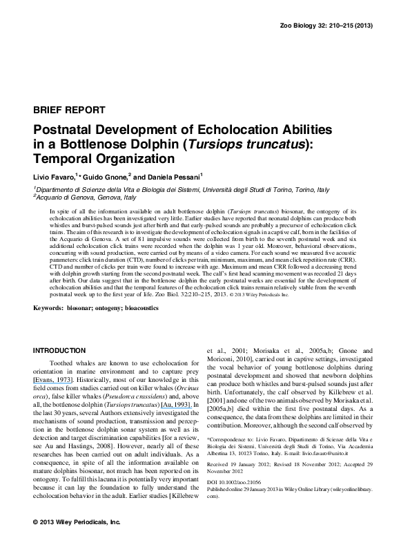 (PDF) Echolocation Development in Bottlenose Dolphins