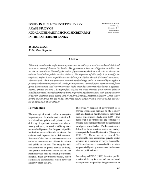 (PDF) ISSUES IN PUBLIC SERVICE DELIVERY: A CASE STUDY OF ADDALAICHENAI ...