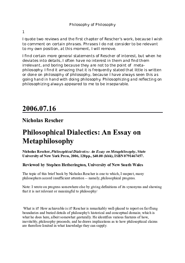 (DOC) Philosophy of Philosophy : Rescher's metaphilosophy
