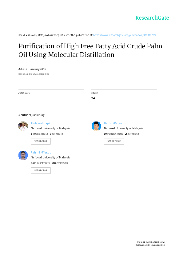 (PDF) Purification of High Free Fatty Acid Crude Palm Oil Using ...