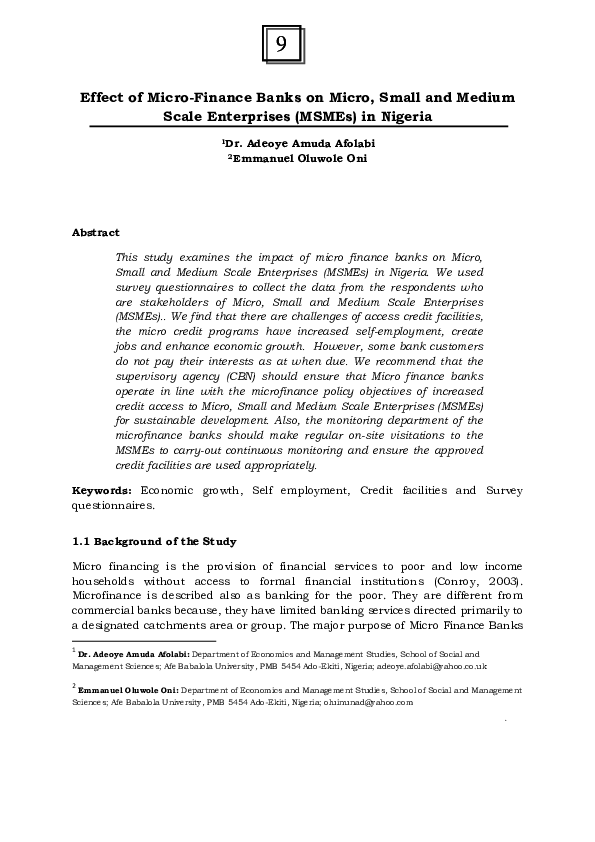 (PDF) Effect of Micro-Finance Banks on Small and Medium Scale Enterprises (MSMEs) in Nigeria