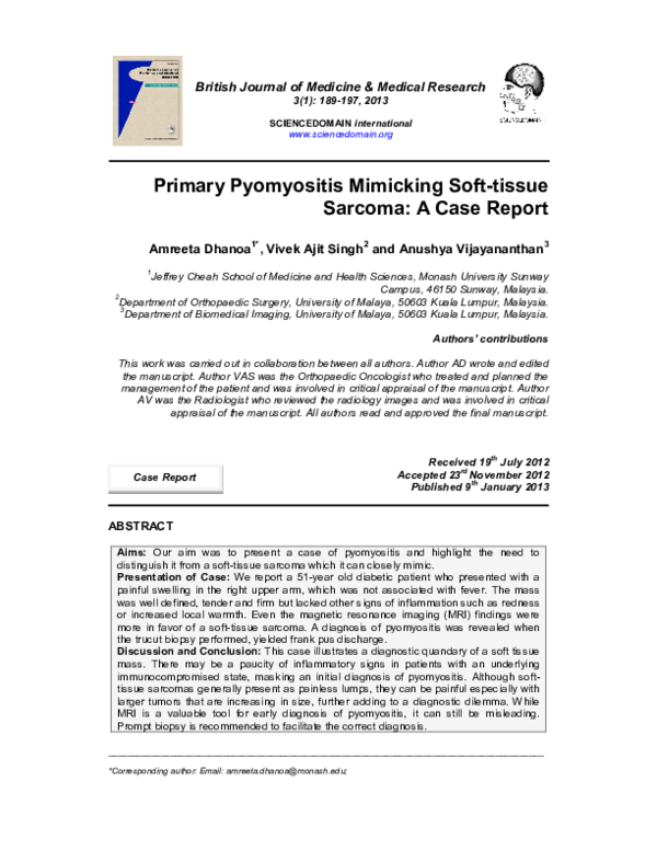(PDF) Primary pyomyositis mimicking soft-tissue sarcoma: a case report