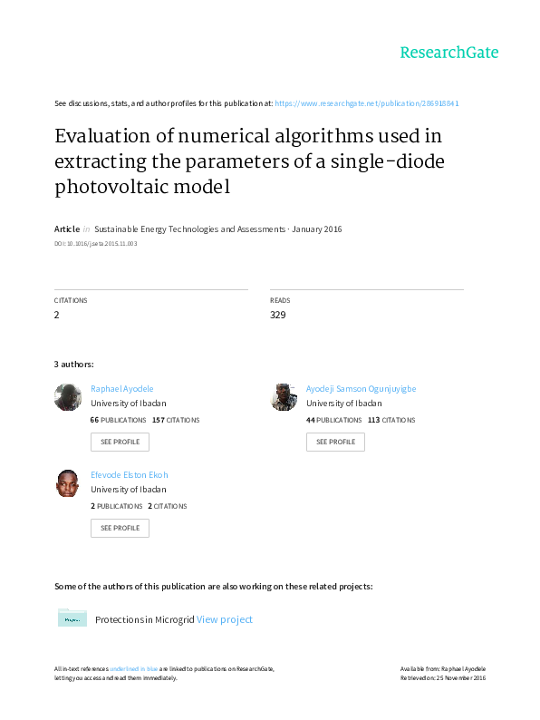 Pdf Evaluation Of Numerical Algorithms Used In Extracting The Parameters Of A Single Diode