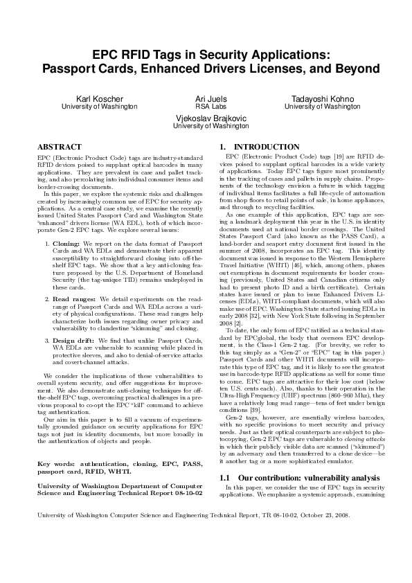 (PDF) EPC RFID Tags in Security Applications: Passport Cards, Enhanced ...