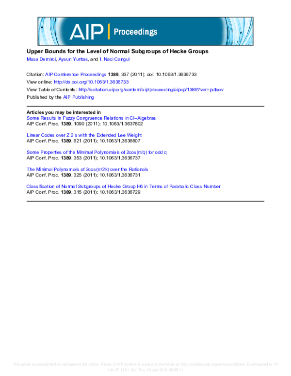 Pdf Upper Bounds For The Level Of Normal Subgroups Of Hecke Groups