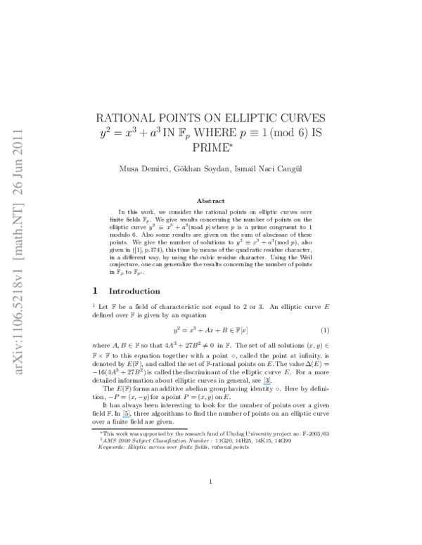 (PDF) Rational Points on Elliptic Curves $y^{2}=x^{3}+a^{3}$ in ${\bf F}_p$ where $p\equiv 1 ...