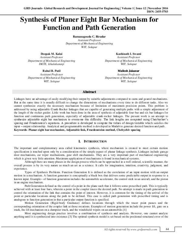 (PDF) Synthesis of Planer Eight Bar Mechanism for Function and Path Generation