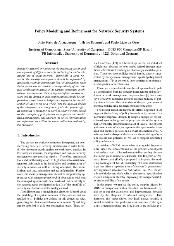 (PDF) Policy Modeling and Refinement for Network Security Systems
