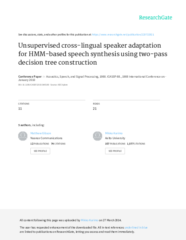 (PDF) Unsupervised Cross-Lingual Adaptation for HMM Speech Synthesis