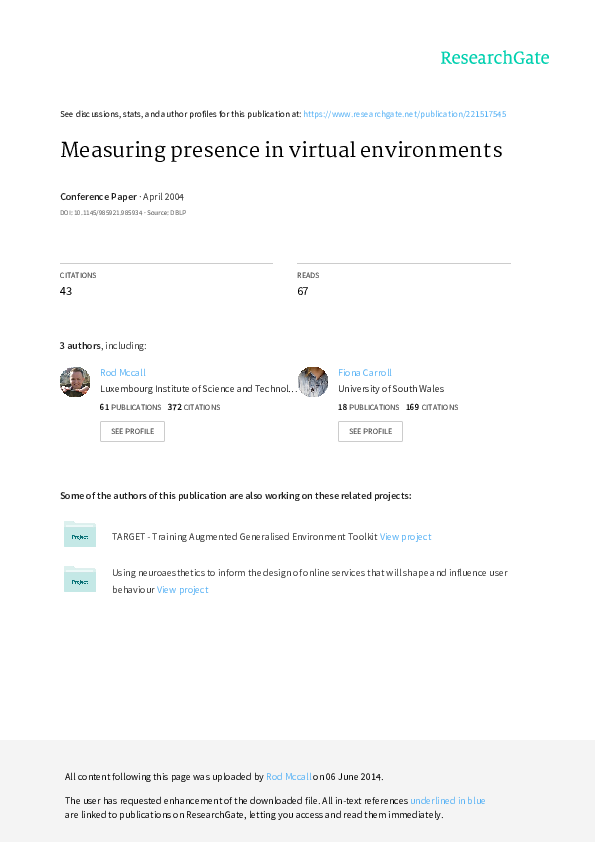 (PDF) Measuring presence in virtual environments