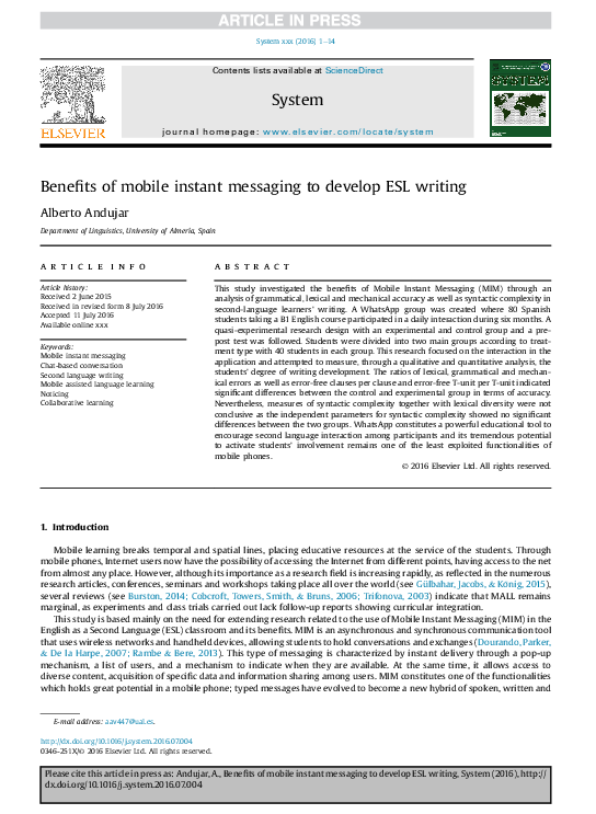 Pdf Benefits Of Mobile Instant Messaging To Develop Esl Writing