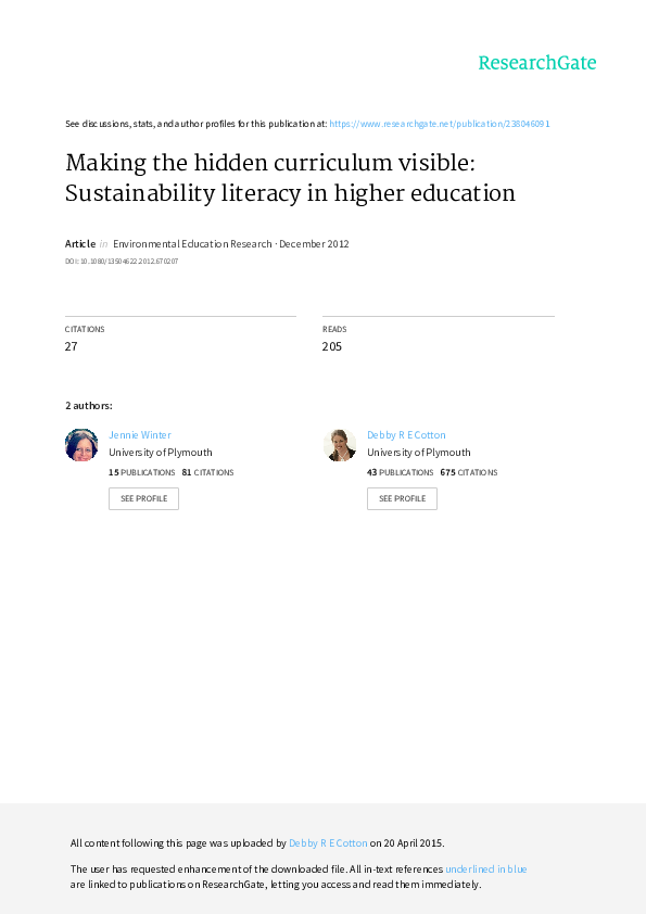 (PDF) Making the hidden curriculum visible: sustainability literacy in ...