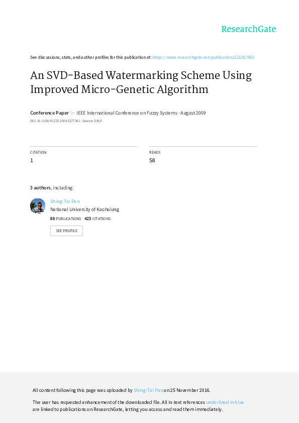 Pdf An Svd Based Watermarking Scheme Using Improved Micro Genetic Algorithm