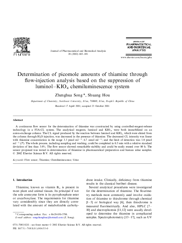 Pdf Determination Of Picomole Amounts Of Thiamine Through Flow Injection Analysis Based On The