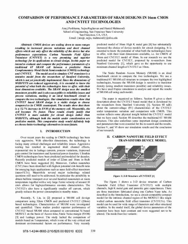 (PDF) Comparison of performance parameters of SRAM designs in 16nm CMOS and CNTFET technologies
