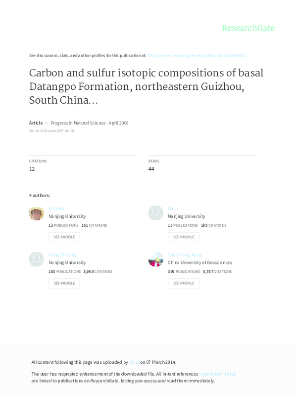 (PDF) Carbon and sulfur isotopic compositions of basal Datangpo ...