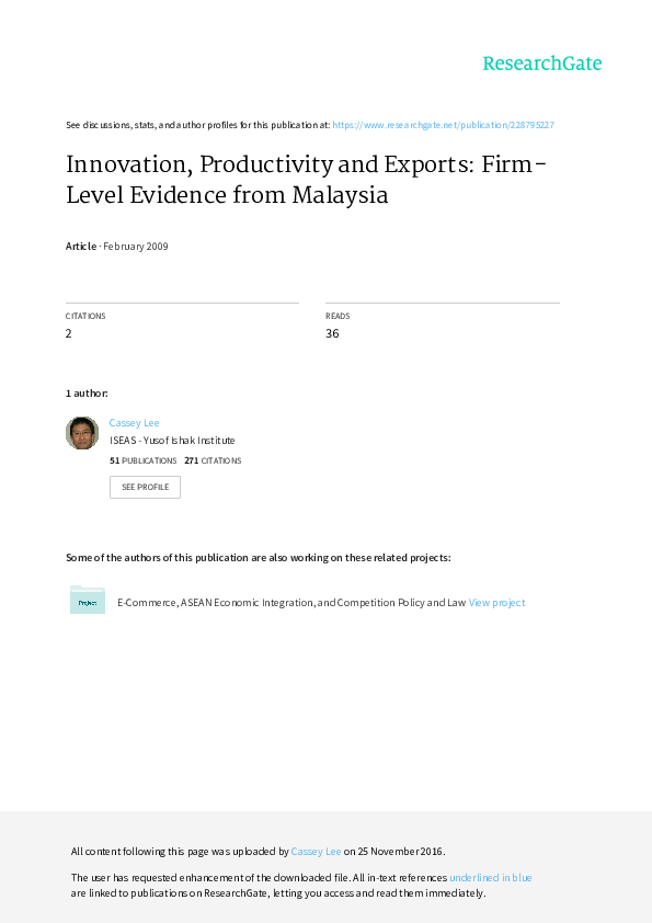 (PDF) Innovation, Productivity and Exports: Firm-Level Evidence from Malaysia